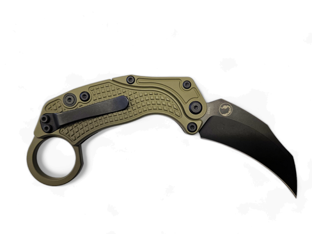 Reate EXO-K Gravity Karambit Button Lock – Green/Black PVD – Mr. KnifeGuy®